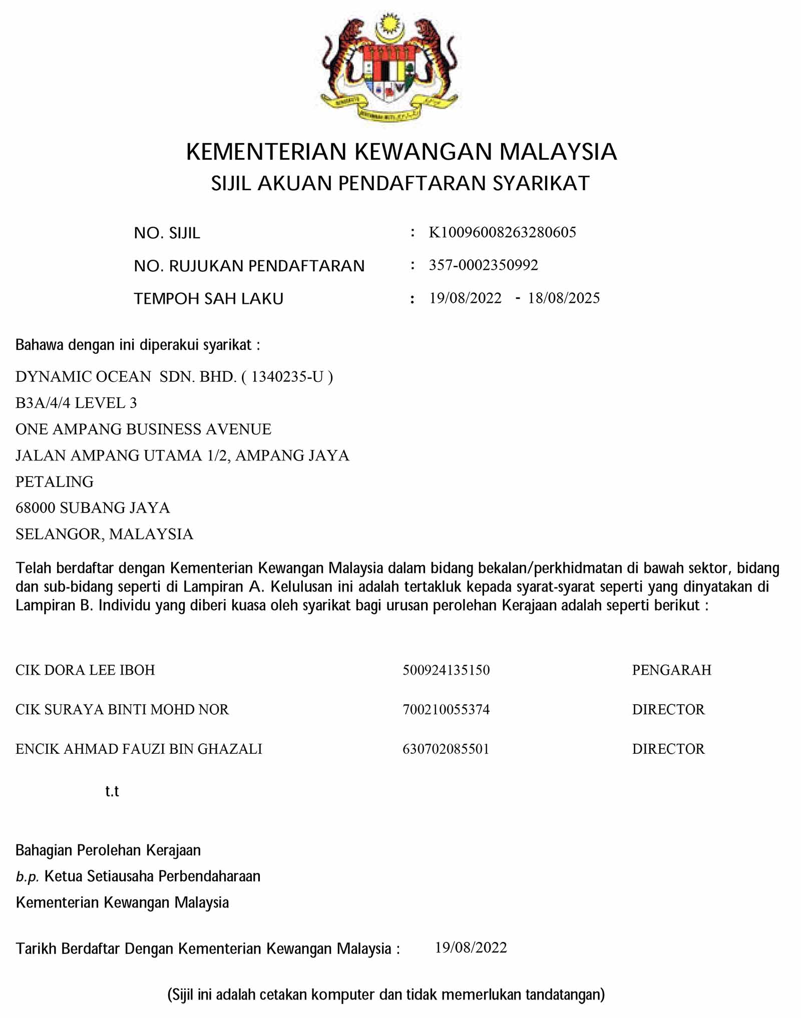 Certification | Dynamic Ocean Sdn Bhd